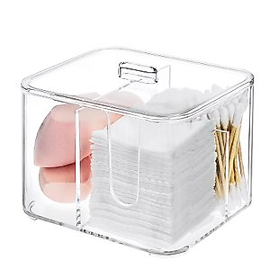 Qtip Holder, Cosmetic Items Storage Dispenser, 4 Compartments Bathroom Canisters for Cotton Swab, Cotton Ball, Cotton Pad Organizer, Clear Acrylic Containers with Lid for Bathroom Vanity Countertop