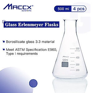 Maccx 16.9oz(500ml) Narrow-Mouth Sturdy Glass Erlenmeyer Flask, 3.3 Borosilicate with Printed Graduation, Pack of 4, EFN500-004