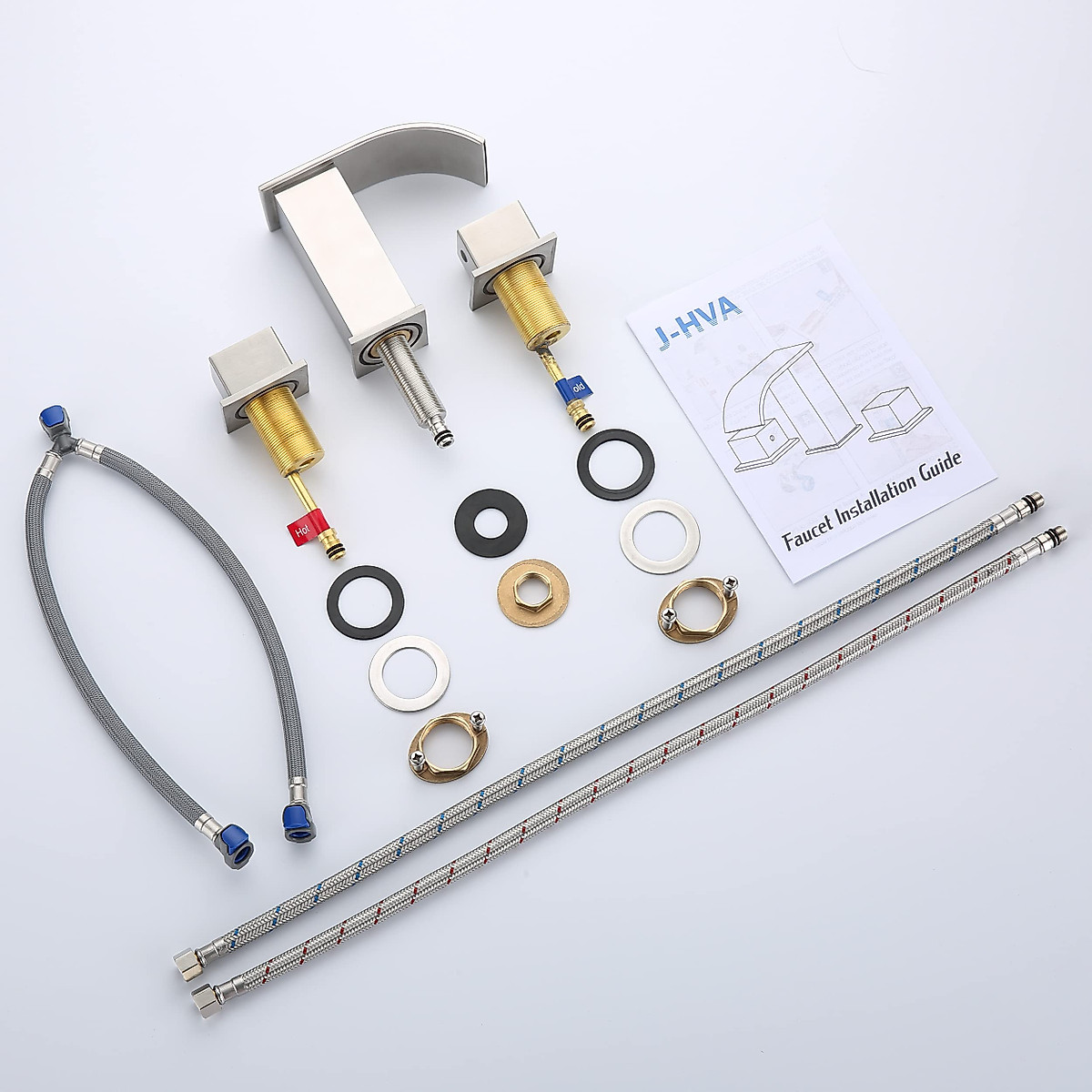 Waterfall Bathroom Faucet Brushed Nickel - Widespread 2 Handle 8 Inch 3 Hole Bathroom Sink Faucet, Basin Faucet Mixer Taps with cUPC Faucet Supply Line Hoses for Bathroom Restroom Vanity Lavatory