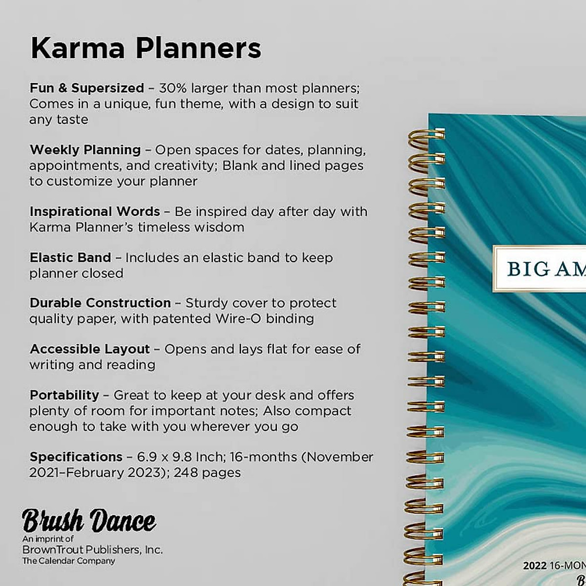 Big Ambitions 2022 6.9 x 9.8 Inch Weekly Karma Planner by Brush Dance | Thicker and Bigger than Average Planner | Artwork Motivation Inspiration
