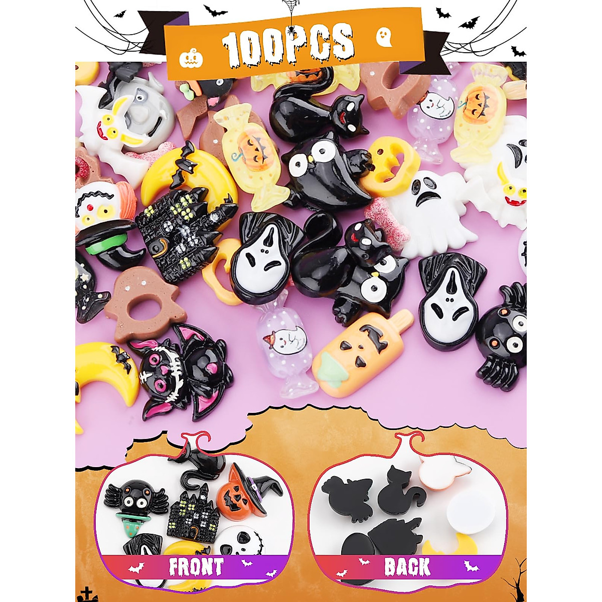 100 PCS Halloween Kawaii Flatback Decorations EBANKU 34 Styles Resin Slime Embellishments Scrapbooking Supplies Bat Skeleton Ghost Pumpkin Charms for DIY Crafts Jewelry Making