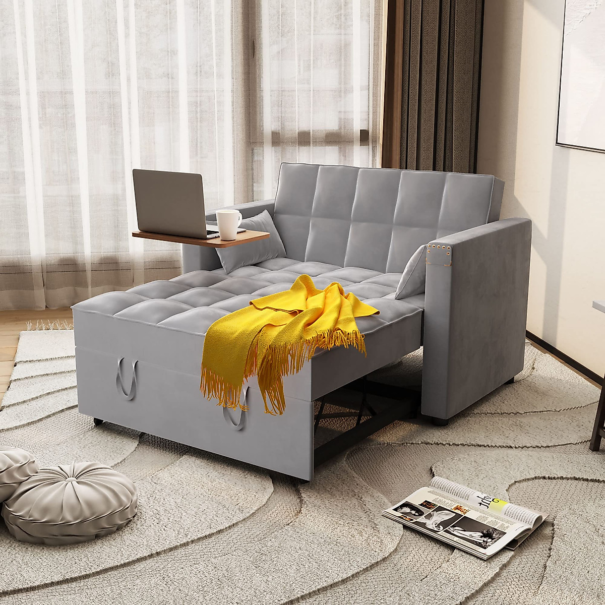 wirrytor 3 in 1 Multi-Functional Convertible Sleeper Sofa Bed, Modern Loveseat Sofa Couch Velvet Pull Out Bed with Reclining Adjustable Backrest &Hidden Table for Apartment Living Room Bedroom,Grey