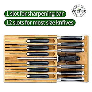 In-Drawer Knife Block, Bamboo Knife Drawer Organizer Insert, Kitchen Knife Holder Drawer for 12 Knives PLUS a Slot for your Knife Sharpener (Without Knives)