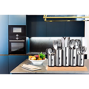 Bruntmor, 18/8 Stainless Steel Flatware Organizer Holder Caddy With Wood Base. Use for 12 knives, forks, spoons, coffee spoons and pastry forks, on a wooden stand made from rubberwood.