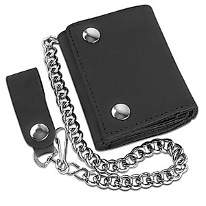 RFID Blocking Men's Tri-fold Vintage Biker Cowhide Leather Steel Chain Wallet,Snap closure, Made In USA,tc315-solid black
