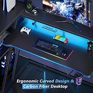 Korfile Reversible Gaming Desk with Power Outlet & LED Lights, Corner Computer Desk with 3 Tiers Storage Shelves, Home Office Desk with Monitor Stand for Small Space, 47 Inch Carbon Fiber Black