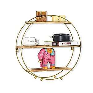 Asense Floating Shelves for Wall & Table, Wood Geometric Style Decor Shelf for Bathroom Bedroom Living Room Kitchen Office (Round, Golden)