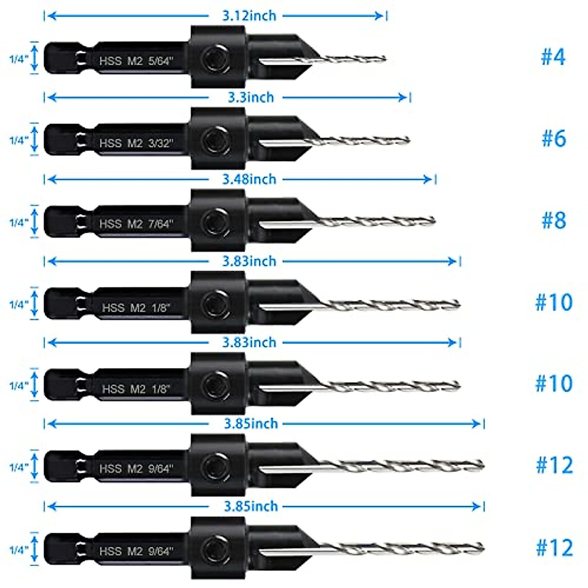 7 Pcs M2 Countersink Drill Bit Set, 3in1 Wood Pilot Countersink Drill Bits for #4#6#8#10#12 Screws Holes, with Adjustable Depth Stop,Quick Release Hex Shank, 2-Allen Wrench