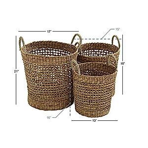 Deco 79 Dried Plant Handmade Woven Storage Basket with Handles, Set of 3 21", 18", 16"H, Brown