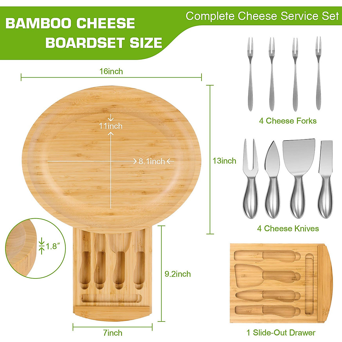 WoneNice Oval Cheese Board Set with Hidden Cutlery Drawer and 4 Stainless Steel Knife & 4 Cheese Forks, 16X13 inches Extra Spaces Serving Board, Gifts for Christmas, Birthday/Parties, Wedding/Annivers