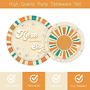 96 Pieces Here Comes The Son Tableware Set for Baby Shower Table Decorations Retro Sunshine Daisy Dessert Plates Napkins Forks for 24 Guests Boy Boho Sun Baby Shower Party Supplies