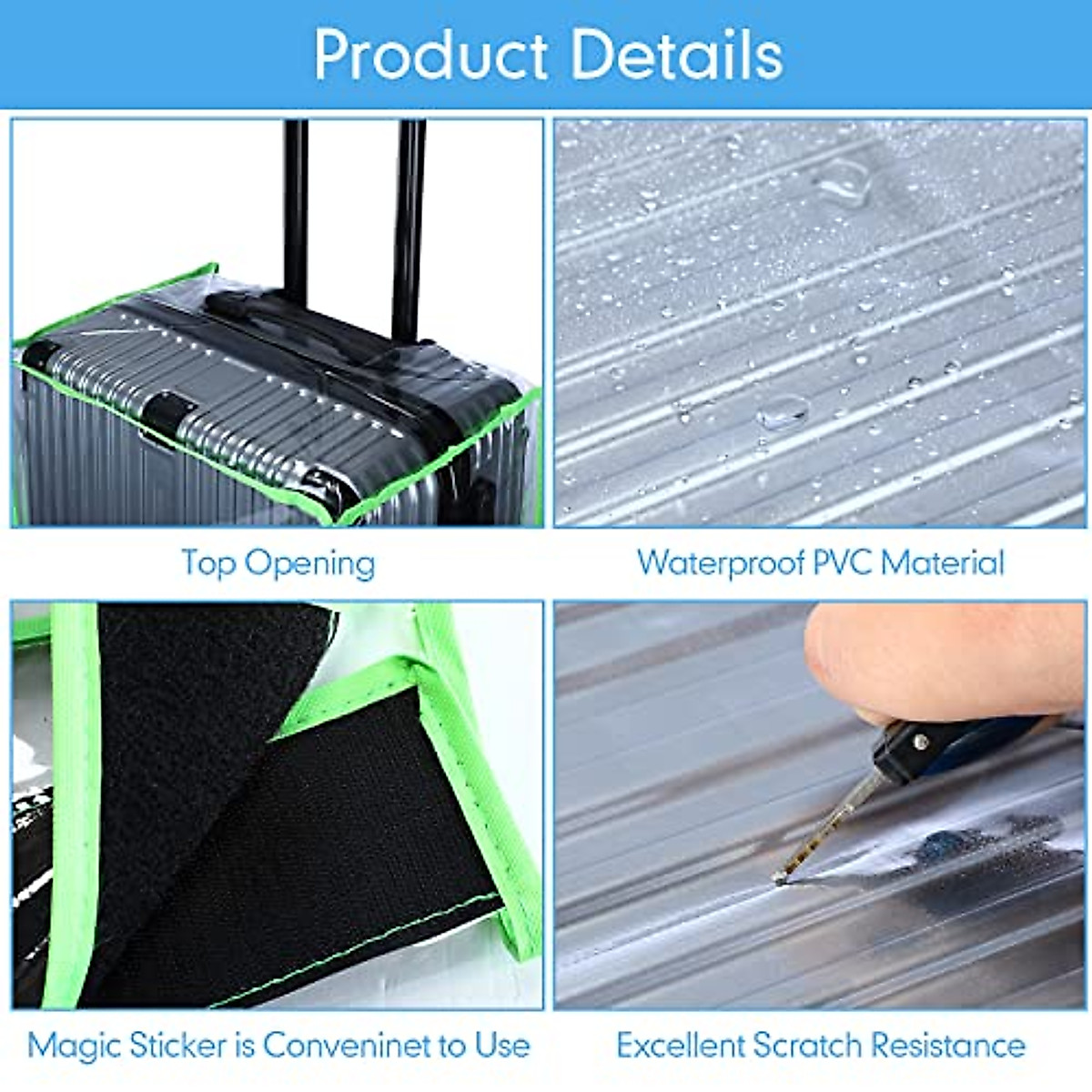 3 Pieces Clear PVC Suitcase Protector Waterproof Cover for Luggage Cover (Fluorescent Green Border, Regular Style)