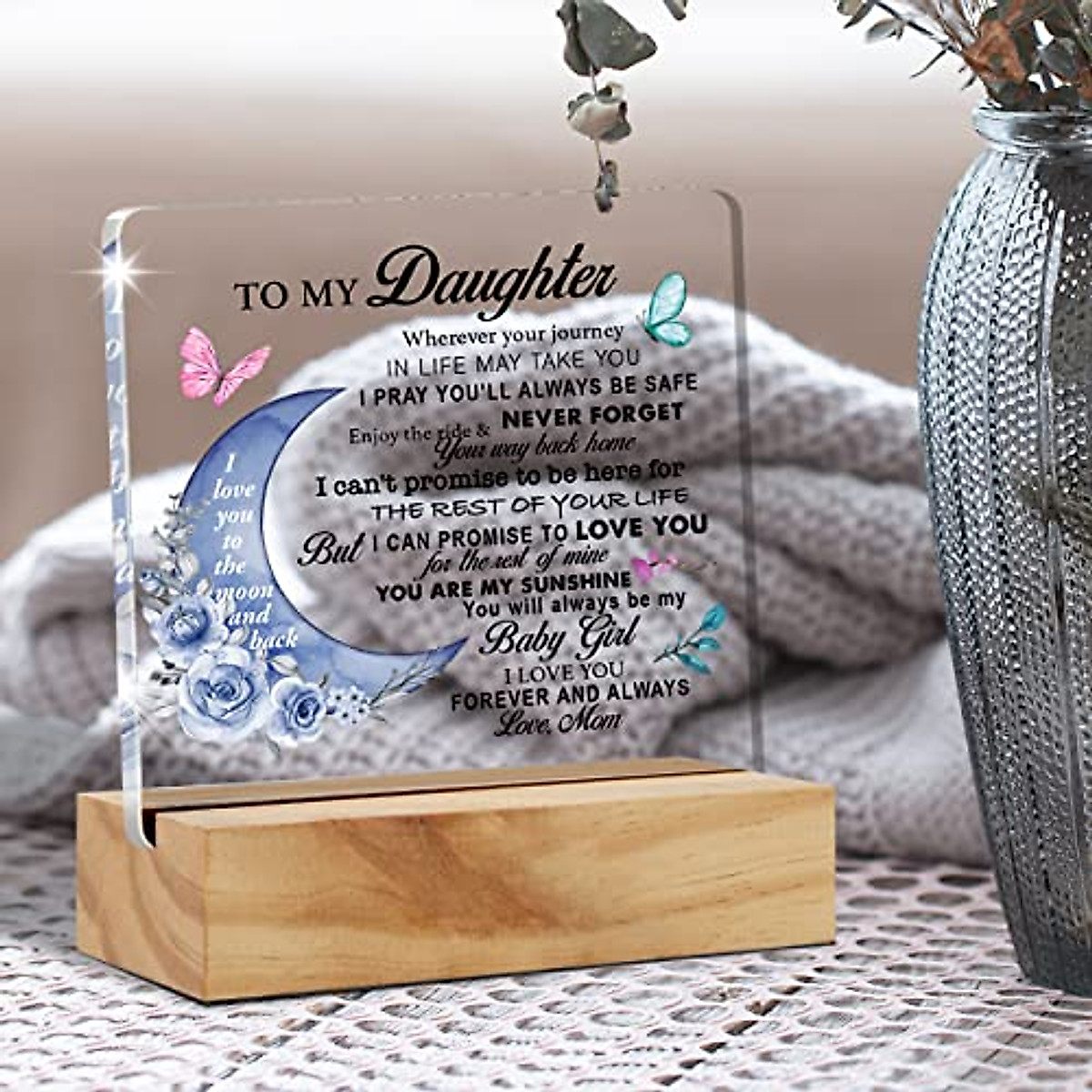 Daughter Gift From Mom, to My Daughter Wherever Your Journey in Life Desk Decor Moon Acrylic Desk Plaque Sign with Wood Stand Home Office Table Desk Sign Keepsake