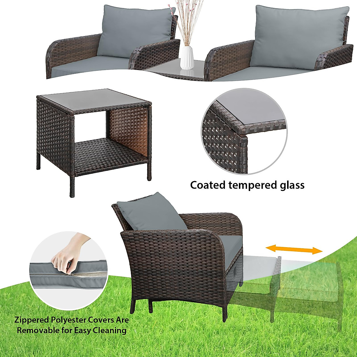 LEVELEVE Balcony Furniture 5 Piece Patio Conversation Set, PE Wicker Rattan Outdoor Lounge Chairs with Soft Cushions 2 Ottoman&Glass Table for Porch, Lawn-Brown Wicker