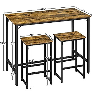 Yaheetech 3 Piece Bar Table Set, 47.5 in Industrial Dining Table Set, Counter Height Table with Bar Stools Set of 2, Kitchen Breakfast Table and Chairs for Dining Room, Living Room, Rustic Brown