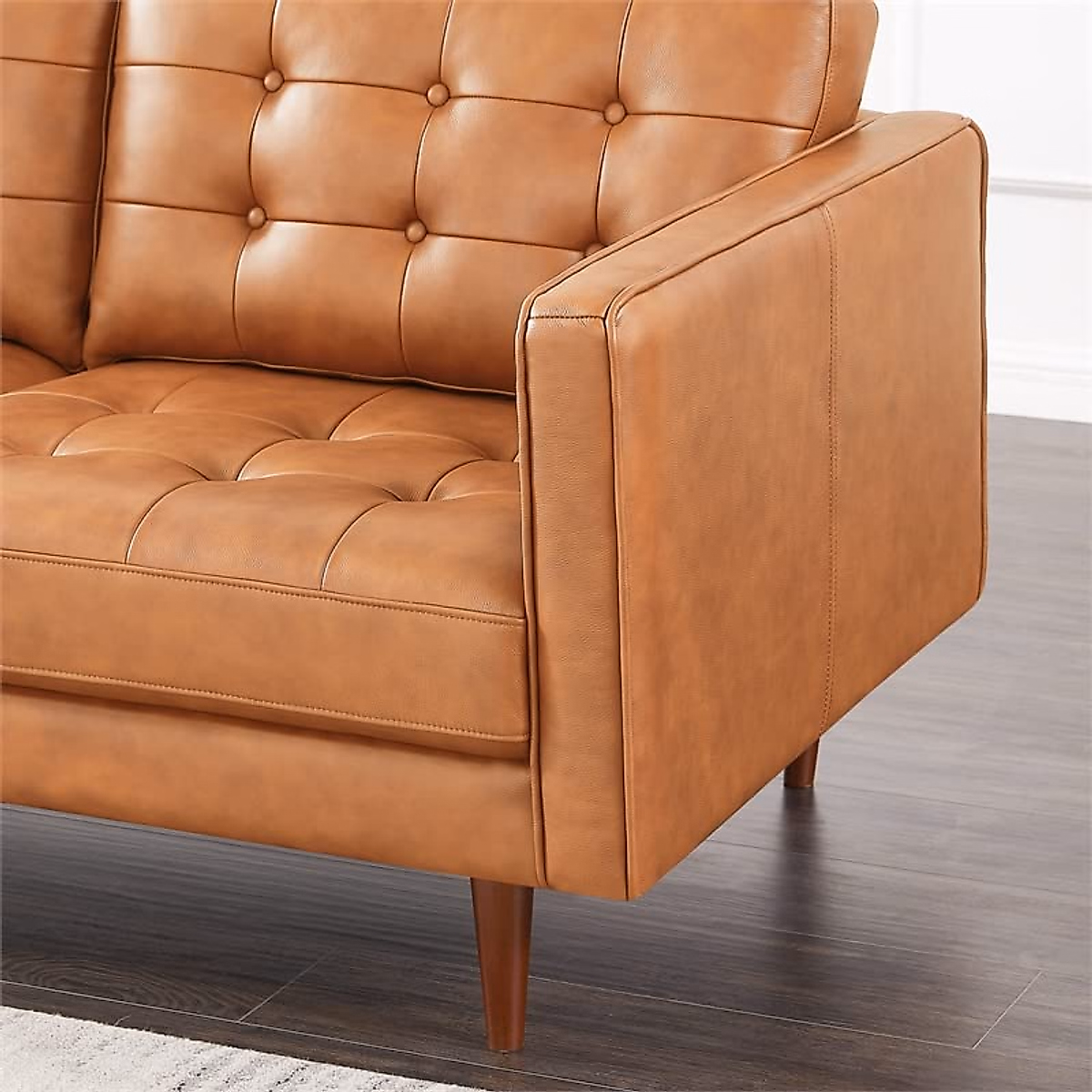 ASHCROFT Lucille Modern Living Room Top Leather Corner Sectional Couch in Cognac Tan