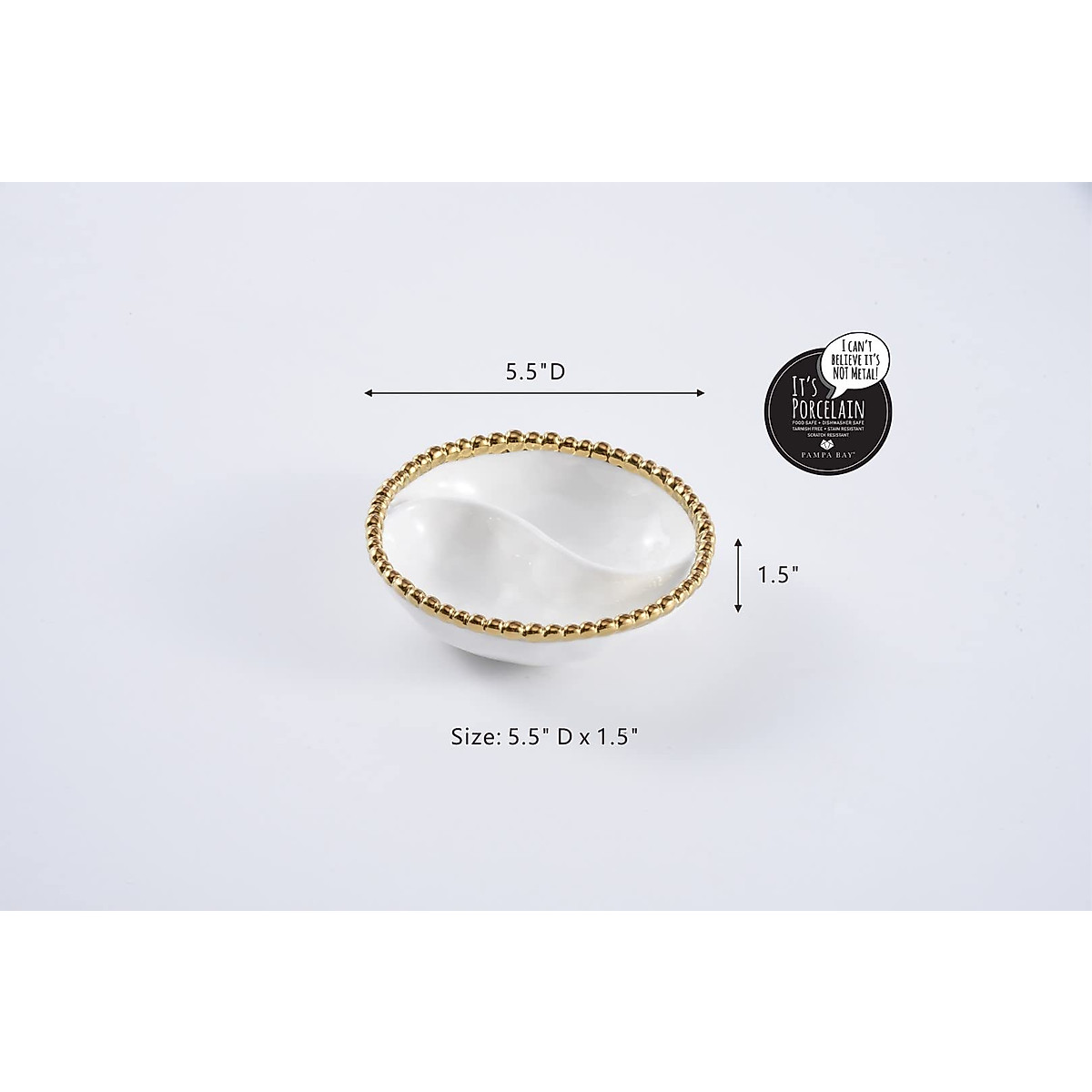 Pampa Bay Titanium-Plated Porcelain Golden Salerno Mini 2-Section Platter, 5.5 x 1.5in