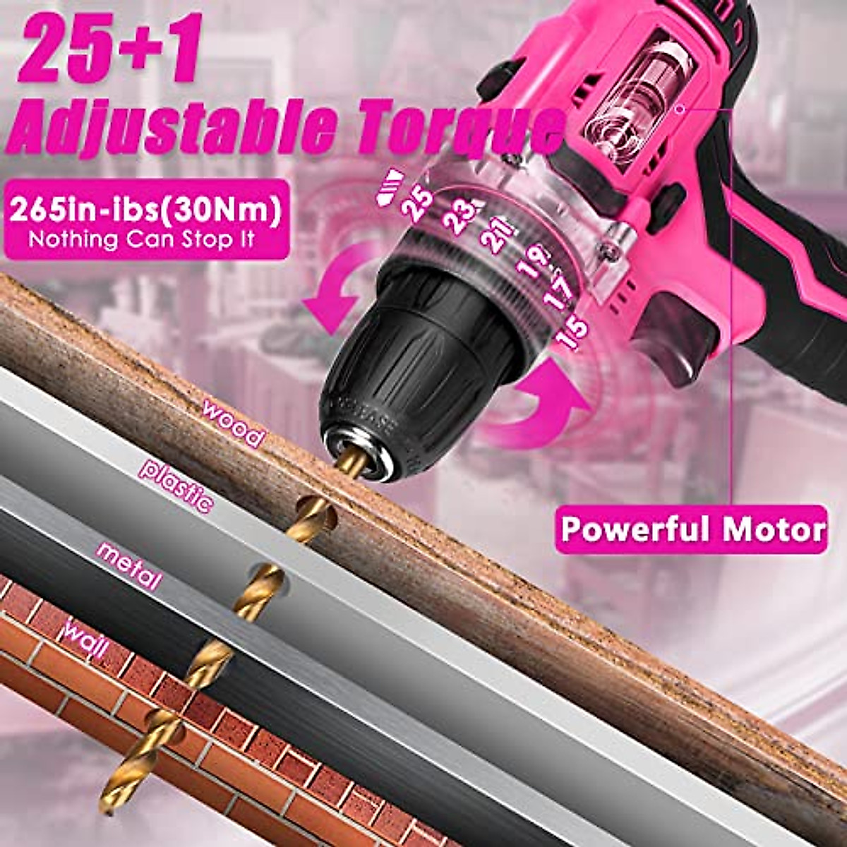 ThinkLearn Tool Kit with 20V Cordless Drill(265in-lbs), Pink Drill Set for Women, Lady's Home Tool Kit for DIY, Daily Repair Tool Set as a Creative Gift with a Large-Capacity Tool Storage Bag