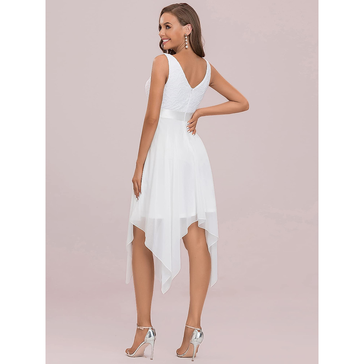 Ever-Pretty Womens Tea-Length V Neck Chiffon Formal Dress for Party White US8