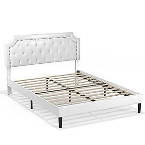 BONSOIR Bed Frame Upholstered Low Profile Platform Bed with Tufted Faux Leather Headboard/No Box Spring Needed/No Bed Skirt Needed (White, Queen Size)