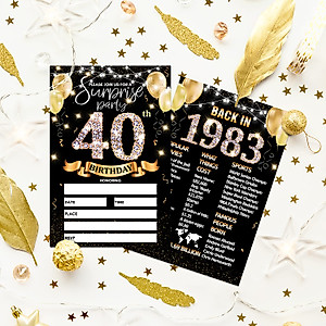 40th Birthday Party Invitation Card - Black Gold Invites with Back In 1983 Poster Printing On The Back Double-Sided Fill-in Invites - 20 Cards with Envelopes for Party Favors - sr-13