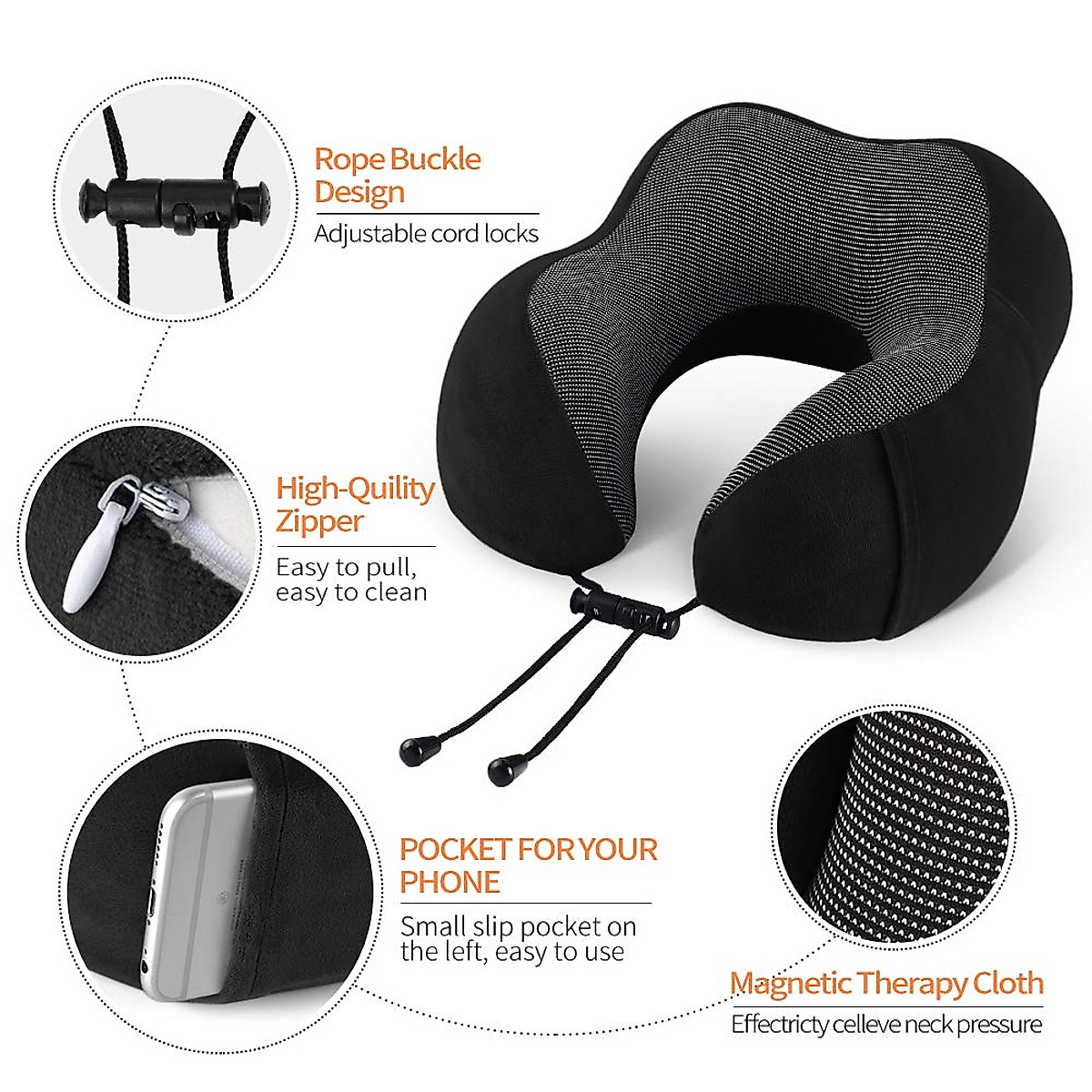 Emgthe Travel Pillow 100% Memory Foam Pillow, Neck Pillow for Airplane, Neck & Head Support Pillow for Sleeping Rest & Car, Travel Pillows Kit with Storage Bag, Sleep Mask and Earplugs Black