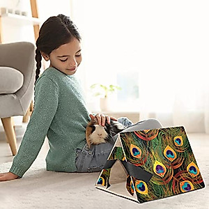 Small Pet Hideout Peacock Feathers Pattern Hamster House Guinea Pig Playhouse for Dwarf Rabbits Hedgehogs Chinchillas