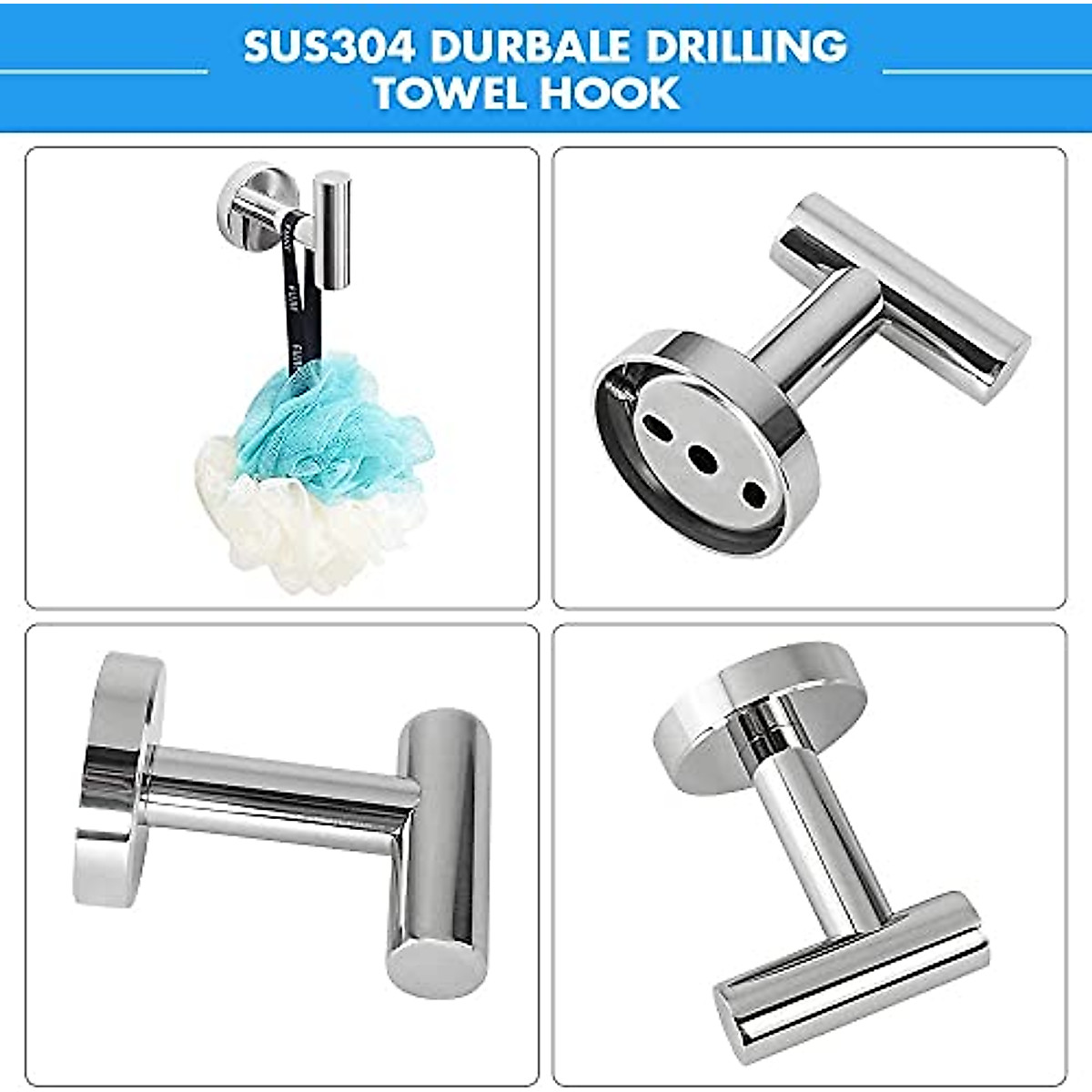 TocTen 4 Pack Bath Towel Hook Set, SUS 304Stainless Steel Robe Hook, Heavy Duty Bathroom Hook Include 2 Wall Mounted Coat Hooks 2 Adhesive Hooks Suitable for Kitchen Office Bathroom