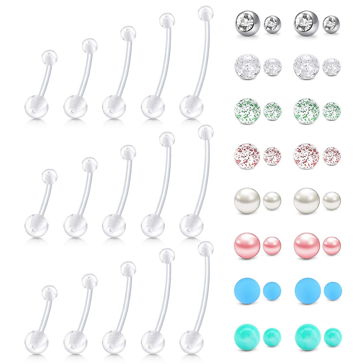 Longita Plastic Pregnancy Belly Button Rings Long Bar Navel Rings for Maternity Sport Pregnant Women Flexible Clear Belly Piercing Retainer Different Length bar and balls for Replacement 12-32mm