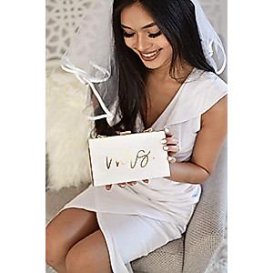 ModParty Mrs Acrylic Clutch Purse | Bridal Shower, Engagement, & Honeymoon Gift | Bride to Be Accessory | Crossbody with Removable Chain | White and Gold