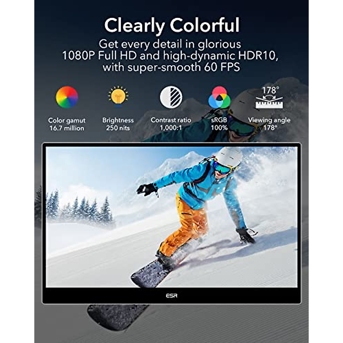 ESR Portable Monitor for Laptop, Slim 15.6 Inch 1080P External Monitor with Adjustable Stand, Travel Monitor, Landscape and Portrait View, Portable Screen for Laptop/Mac/Tablet/Phone/Switch, Silver