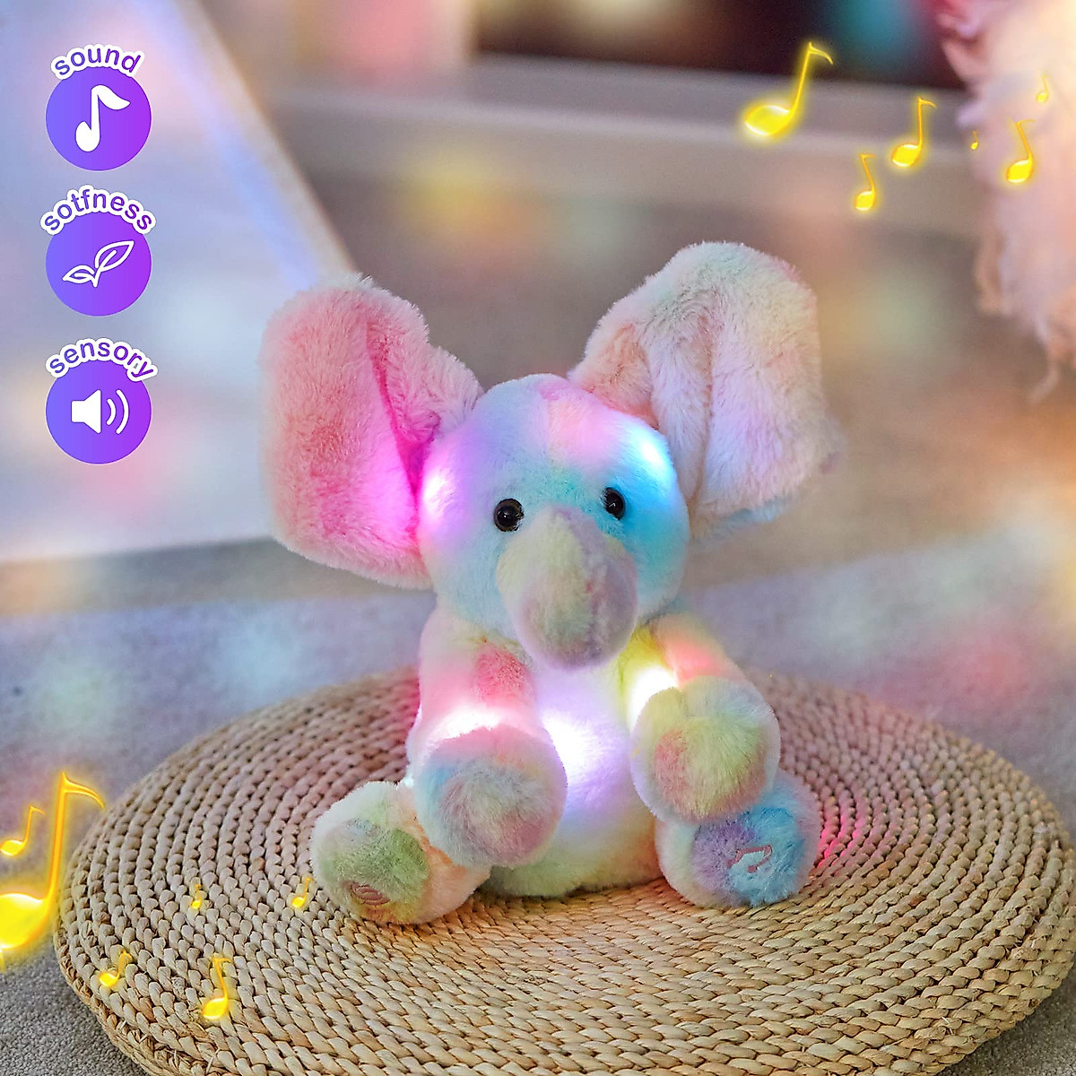 Glow Guards 12'' Light up Peek-a-Boo Elephant Stuffed Animal Musical Rainbow Elephant Singing Stuffed Animal Electric Interactive Toys Christmas Holiday Birthday Gifts for Toddler Kids