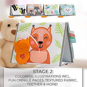 Soft Tummy Time Book with Large Stimulating Baby Safe Mirror - Fun High Contrast Montessori Toy w/ Mirror, Crinkle Paper & Silicone Teether - The Perfect Toy For Safe Early Newborn/Infant Development