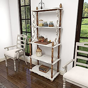 Deco 79 Wood Scroll 5 Shelf Shelving Unit with Brown Spindle Sides and Ball Feet, 32" x 16" x 75", White