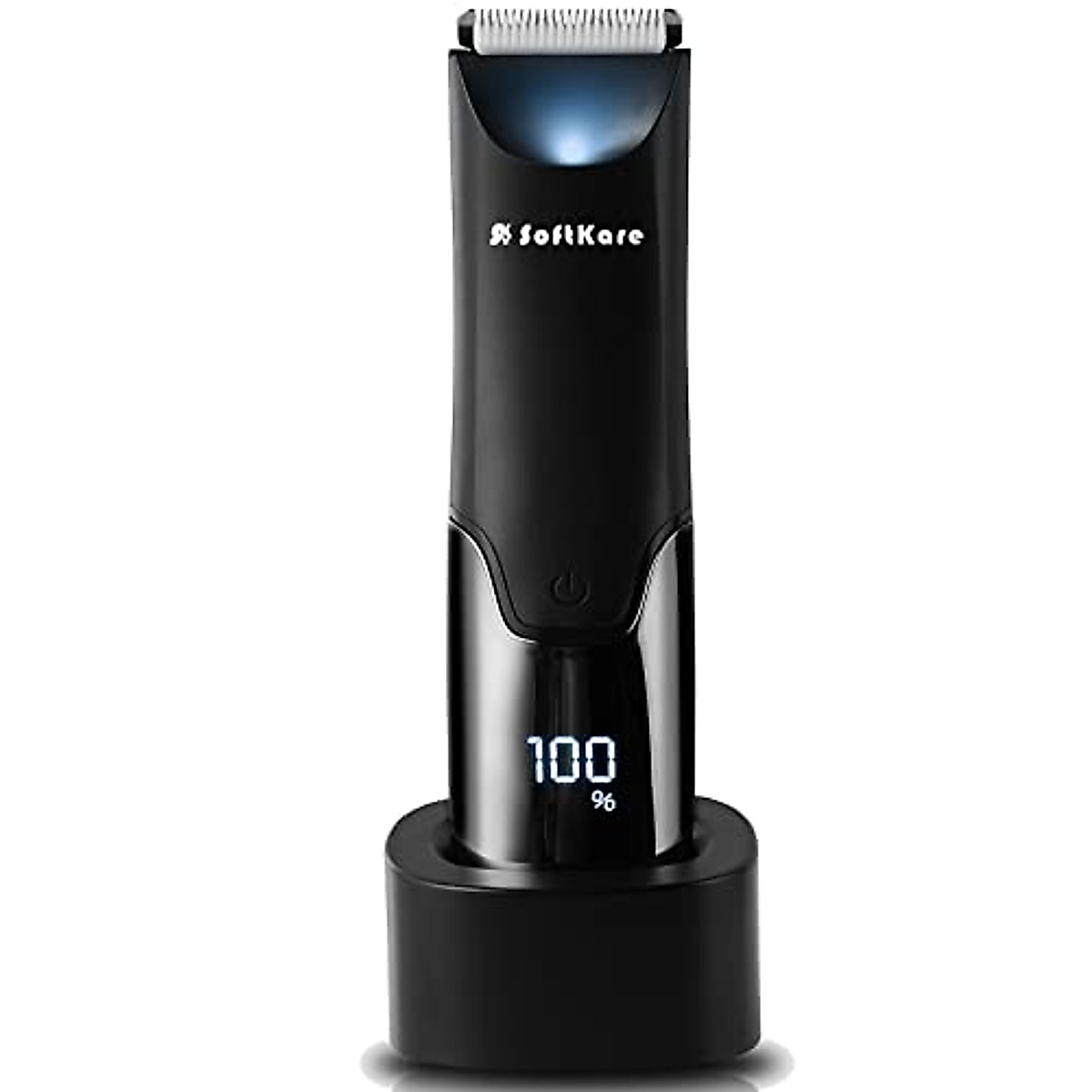 SoftKare Groin Hair Trimmer for Men - Safe Ball Shaver, Replaceable Ceramic Blade Heads & Charging Base, Electric Body Groomer with Light & Power Display, Waterproof Wet/Dry Use Male Razor