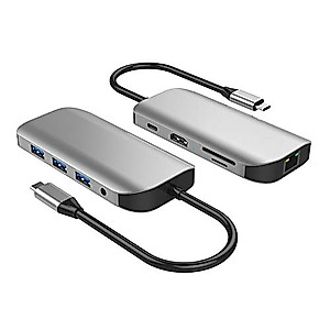 ZPLJ High-Speed 9 in 1 Hub with Ethernet Port 4K HDMI 3 USB 3.0 and USB-C Power Delivery 3.5mm Audio Support SD TF Card Reader Compatible for Flash Drive Laptops USB Hub Adapter Portable