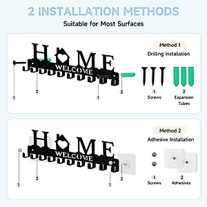HOMEBROS Key Holder Wall Mount, Black Metal Key Hanger Adhesive Key Rack Organizer with 10 Key Hooks Wall Decorative for Entryway Doorway Hallway Garage 2 Installation Methods