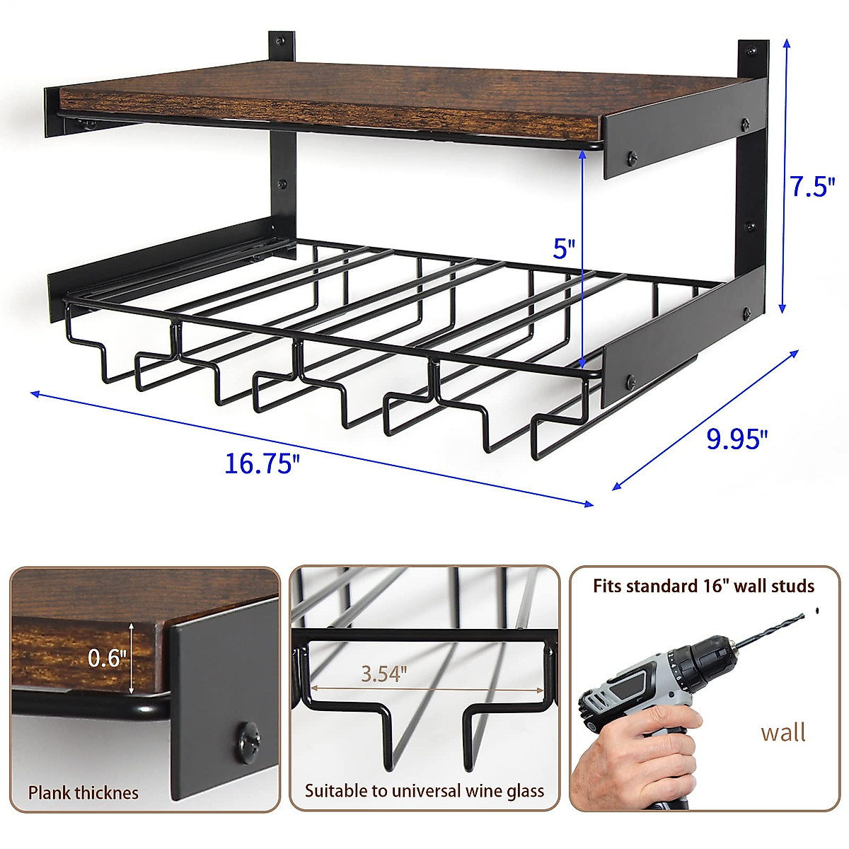 B4Life Wine Rack Wall Mounted with Stemware Rack, Wine Glass Rack Wall Mounted,Holds 8 x Glasses and 7 x Wine Bottles, Industrial Wine Glass Rack Wall Wine Rack with Wine Glass Holder