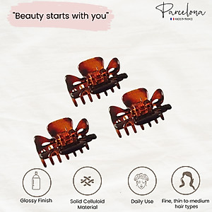 Parcelona French Classic Very Small 1 1/2" Claw Clips with Tight Spring Set of 3 Girls Hair Jaw Claw Clips Durable Styling Women Hair Accessories, Made in France (Tortoise Shell Brown)