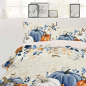 DecorLovee Fall Blue Pumpkins Duvet Cover Set 3 Pieces, Thanksgiving Orange Gray Botanical Rustic Bedding Sets 1 Duvet Cover & 2 Pillow Cases, Comforter Cover Set Duvet Cover California King