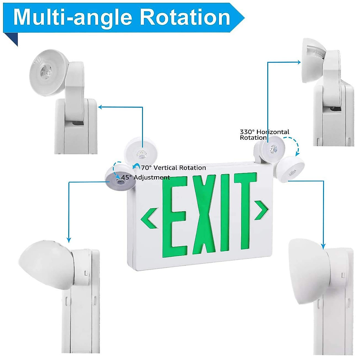 EXITLUX 1 Pack Green Led Exit Sign with Emergency Lighting Battery Backp -Two LED Adjustable Head -120V/277V-UL Listed-Exit Lighting -Dual LED Lamp ABS Fire Resistance for Power Failure.