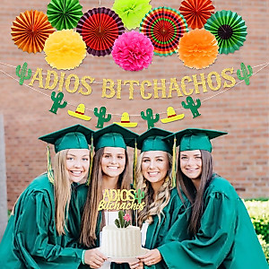 Sursurprise Adios Bitchachos Decorations Banner Cake Topper Paper Fan Pom Poms for Fiesta, Going Away, Farewell, Career Change, Retirement, College Graduation Party Supplies