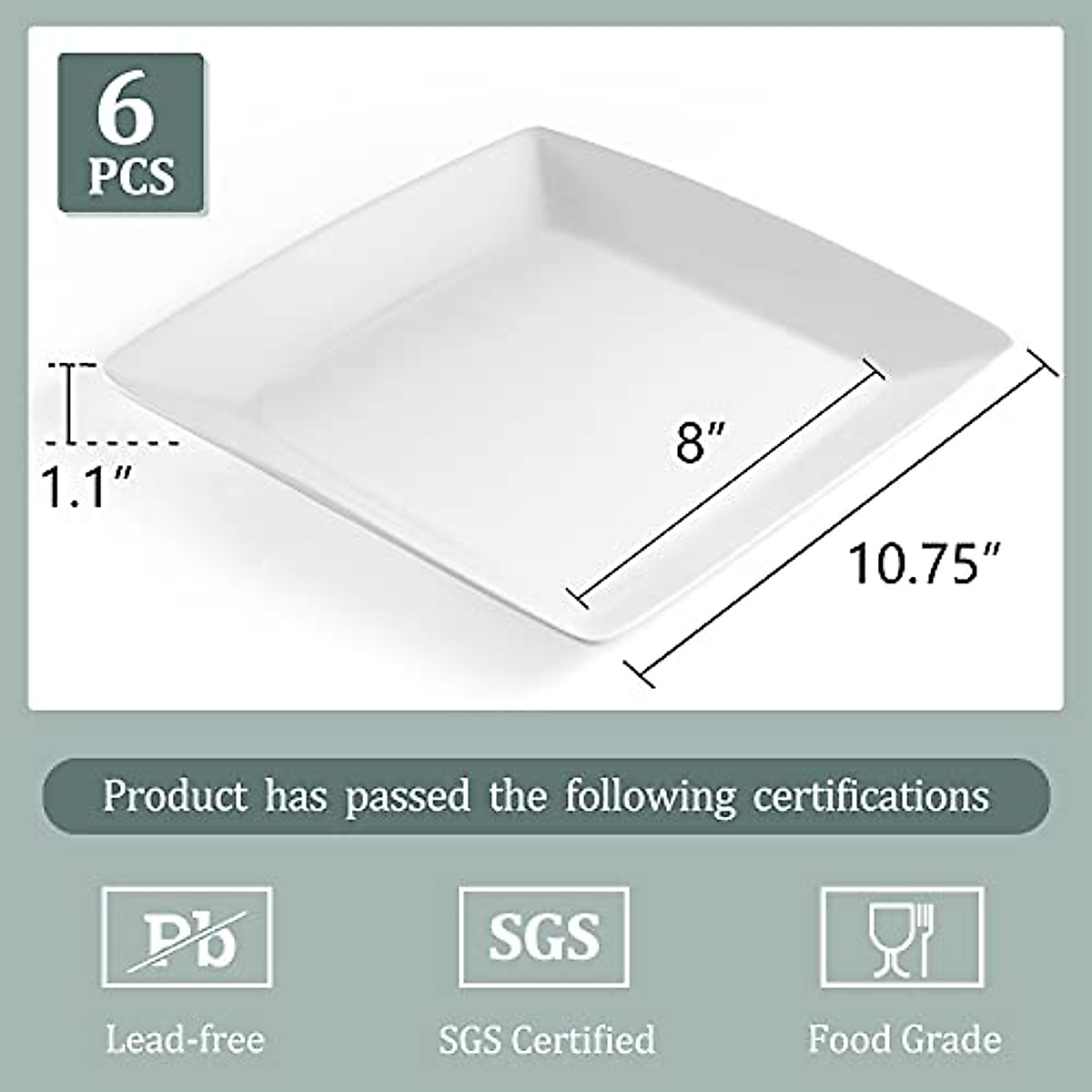 Yedio Porcelain Square Dinner Plates, 10.75 Inch Square Serving Plate for Steak, Pasta, Salad, Snacks, Pizza, Appetizer Plates-Set of 6, White