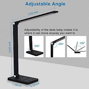 Desk Lamp LED Dimmable, Desk Lamp with Wireless Charger, USB Charging Port, Touch Control LED Desk Lamp with 6 Brightness Levels and 5 Lighting Modes