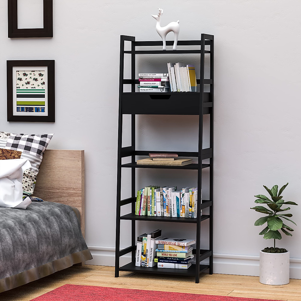WTZ Upgraded Bookshelf with Drawers, Storage Book Shelves, 5 Tier Tall Bookcase, Modern Open Ladder Shelf for Bedroom, Living Room, Bathroom, Kids Room, Office, MC-519 (Black)