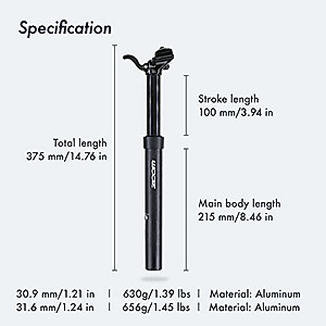 DJC Bike Dropper Seatpost Jump Seat 100mm Travel Manual Control Lever Height Adjustable Seatpost Hydraulic 375mm (Measure diameter before buy, 31.6mm diameter)