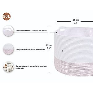 Volhouim XXXLarge Cotton Rope Basket for Organizing Baby Laundry Basket for Blankets Living Room Blanket Basket Cotton Rope Basket with Handle Collapsible Woven Basket Baby Toy Bin， 22"x14" ,Pink