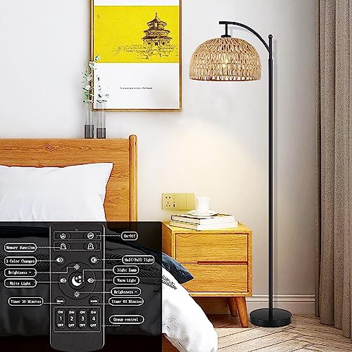 QIYIZM Floor Lamp for Living Room Bedroom Farmhouse Rattan Standing Lamp with Control,Wicker Black Industrial Dimmable Floor Light Rustic Adjustable Tall Lamp,Boho Bamboo Lamp Shade Floor Lamps