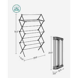SONGMICS Foldable Clothes Drying Rack, Laundry Drying Rack, Clothes Airer, Steel Frame, 14.6 x 29.5 x 53.2 Inches, Easy Assembly, Indoor Outdoor Use, Gray ULLR770G01
