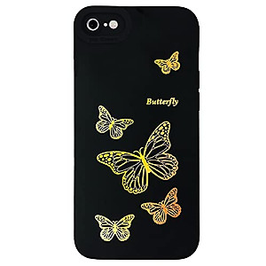 Qokey for iPhone SE 2022/SE 2020/iPhone 8/iPhone 7 Case,Side Cute Plated Love Heart Bling Butterfly with Full Camera Lens Cover Protection Soft TPU Shockproof Phone Case for Women Girls Men,Black